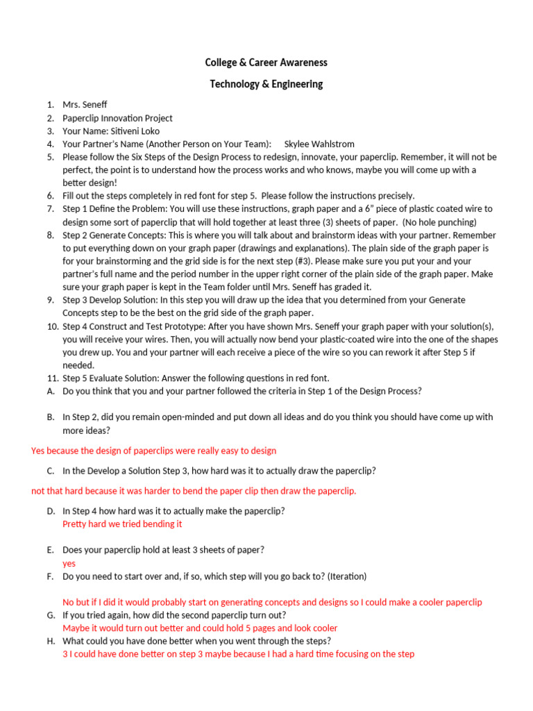 Paperclip Innovation Project Using the Design Process (AutoRecovered) | PDF