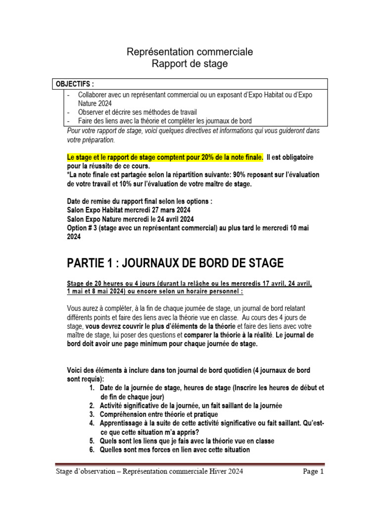H24 Directives Journal de Bord Stage Rep Commerciale CV | PDF