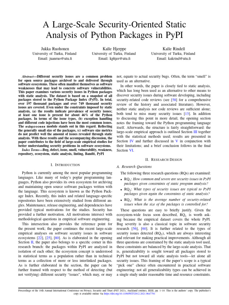 A Large-Scale Security-Oriented Static Analysis of Python Packages in Pypi | PDF