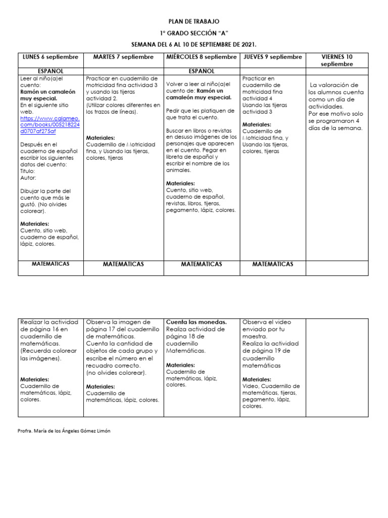 PLAN DE TRABAJO 1º A, semana 2, del 6 al 10 sept. 2021 | PDF