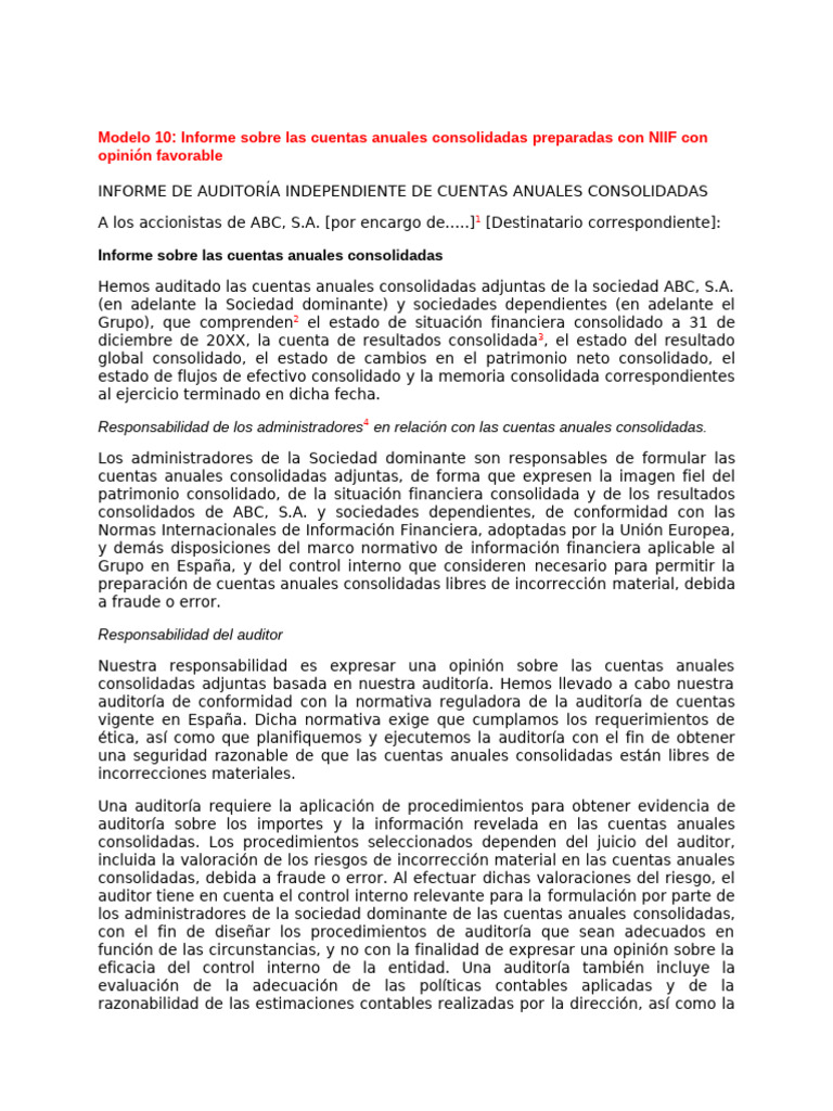 Modelo Informe Auditoria Consolidadas Bajo Niif Con Opinion Favorable | PDF