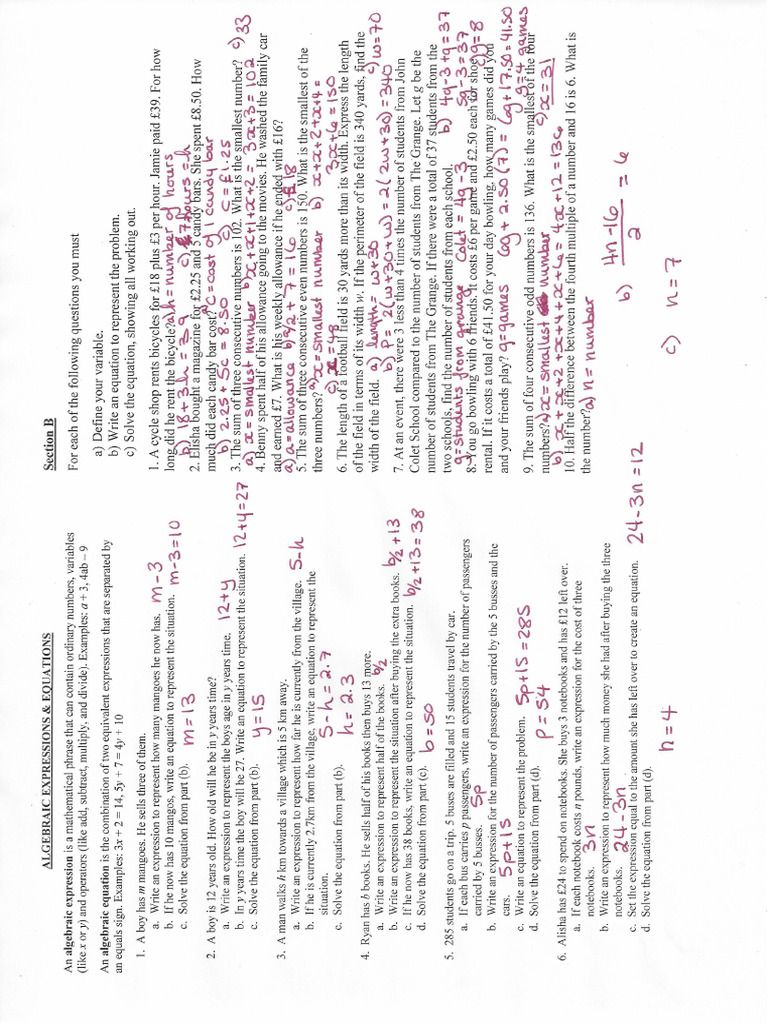 Algebraic Expressions and Equations Answers | PDF