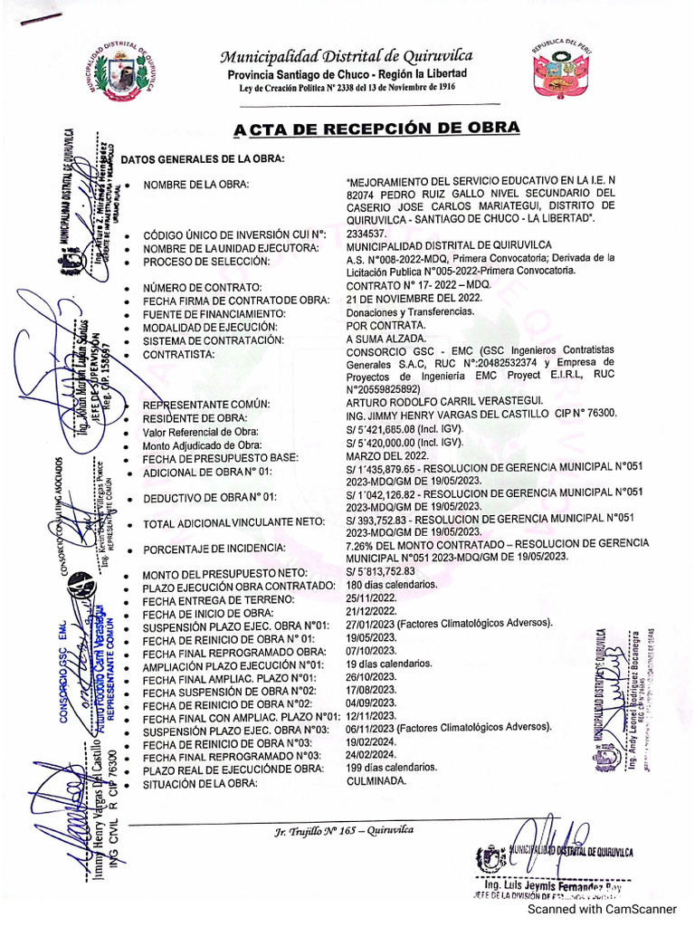 Acta Recepcion - Mariategui | PDF