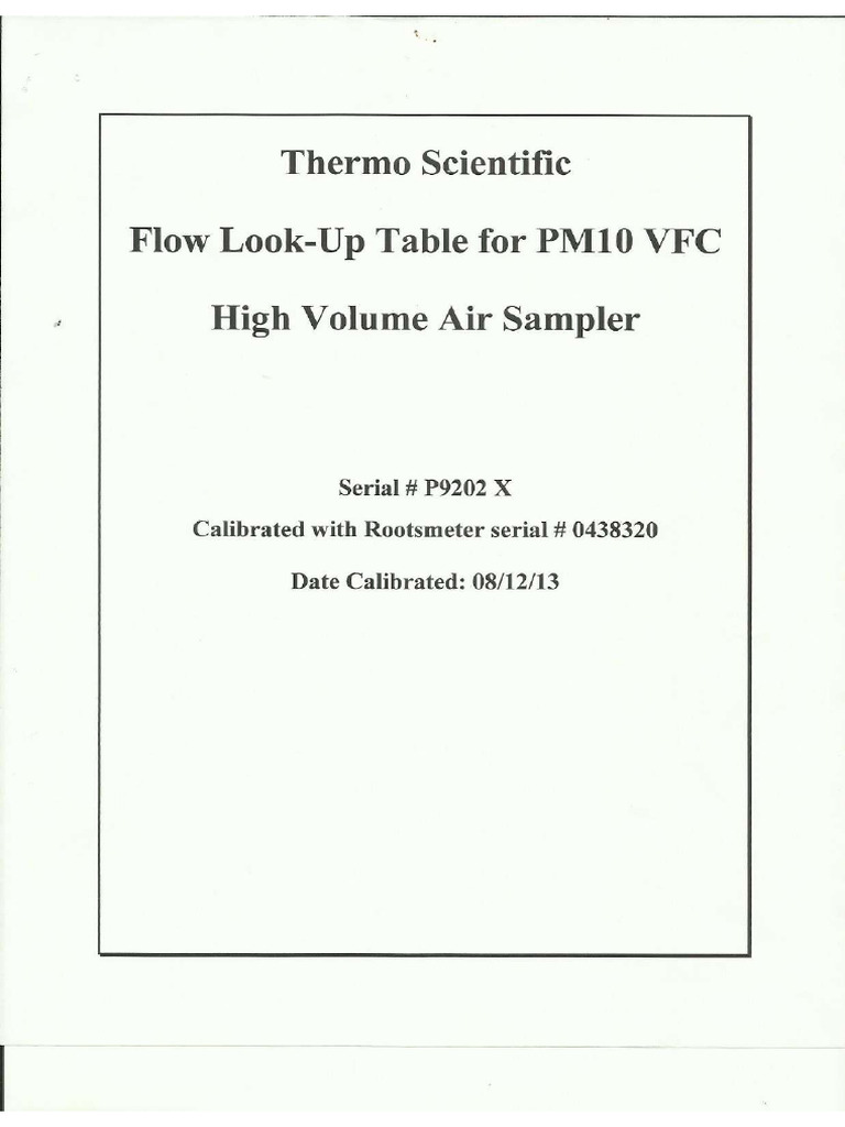 Flow Look - UP Table For PM10 VFC - # P9202 X | PDF