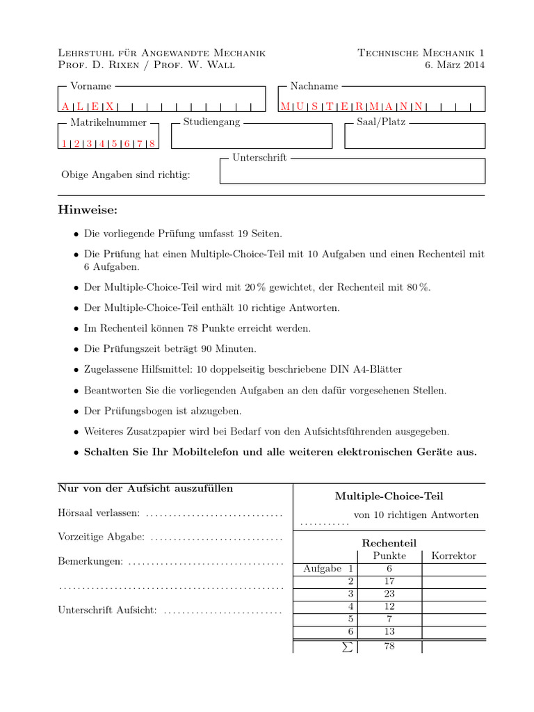 Technische Mechanik Klausur Lösungen | PDF