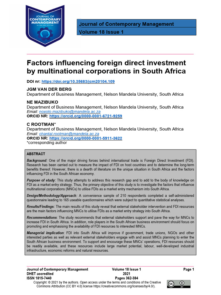 Van Der Berg Et Al 2021 Factors Influencing Foreign Direct Investment ...