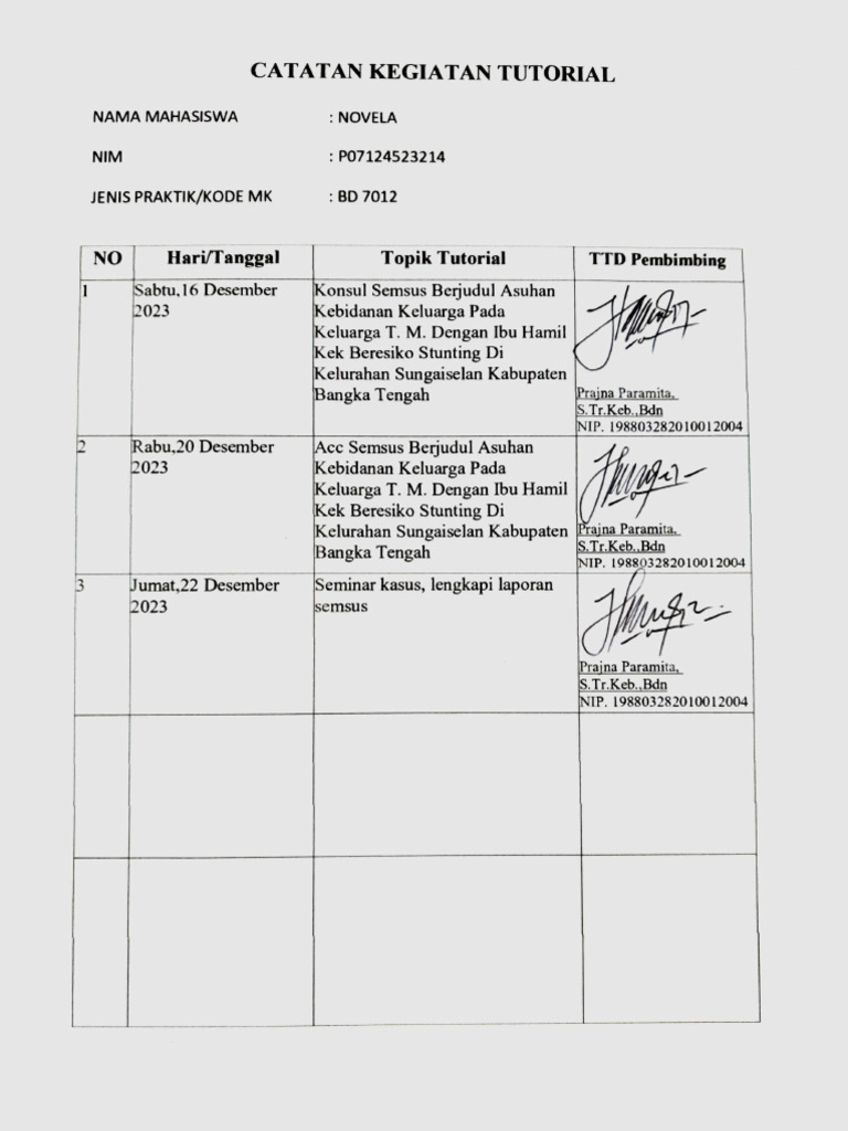 Catatan Tutorial, BST, Catatan Pelaksaan Bimbingan BD 7012 | PDF