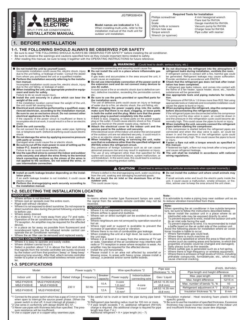 Mitsubishi Electric MSZ-FH VE Installation Manual Eng | PDF