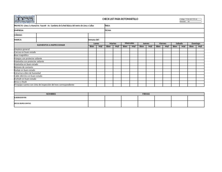 TYSS-SST-FR-18 Check List - Rotomrtillo | PDF