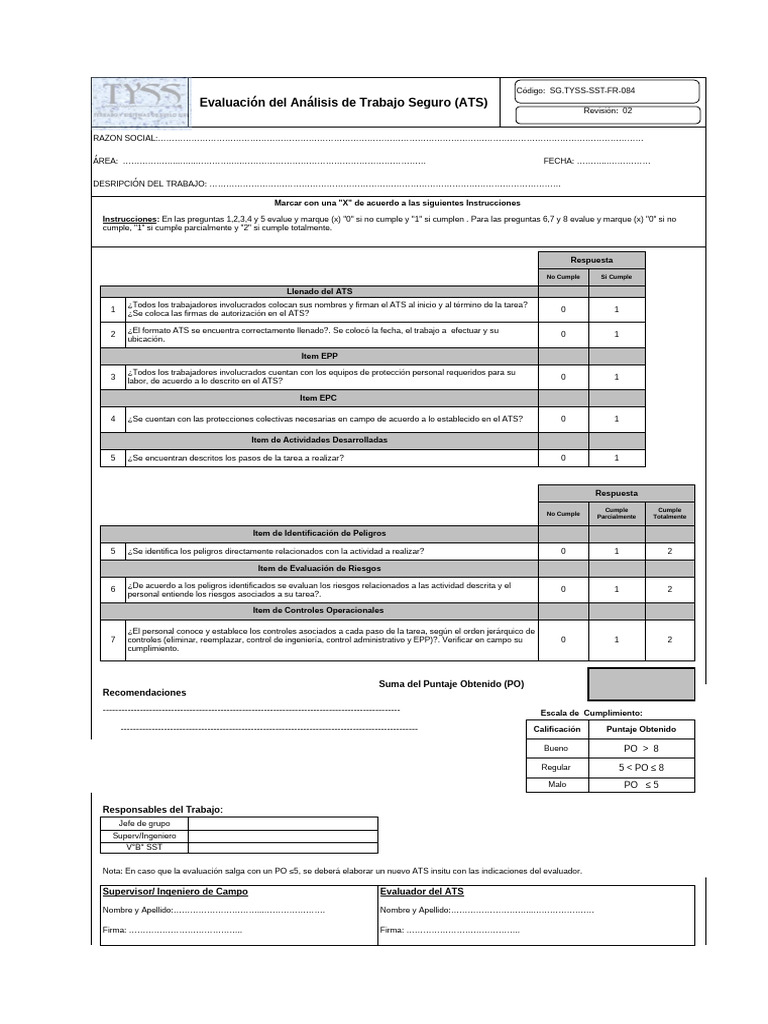 SG - TYSS-SST-FR-084 - Rev02 - Evaluacion ATS | PDF