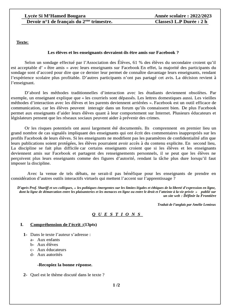 Devoir 3as LPH 2023 | PDF