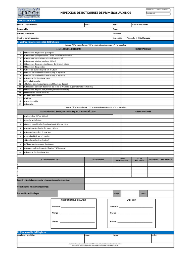 TYSS-SST-FR-015 Inspeccion de Botiquin de Primeros Auxilios Rev 03 | PDF