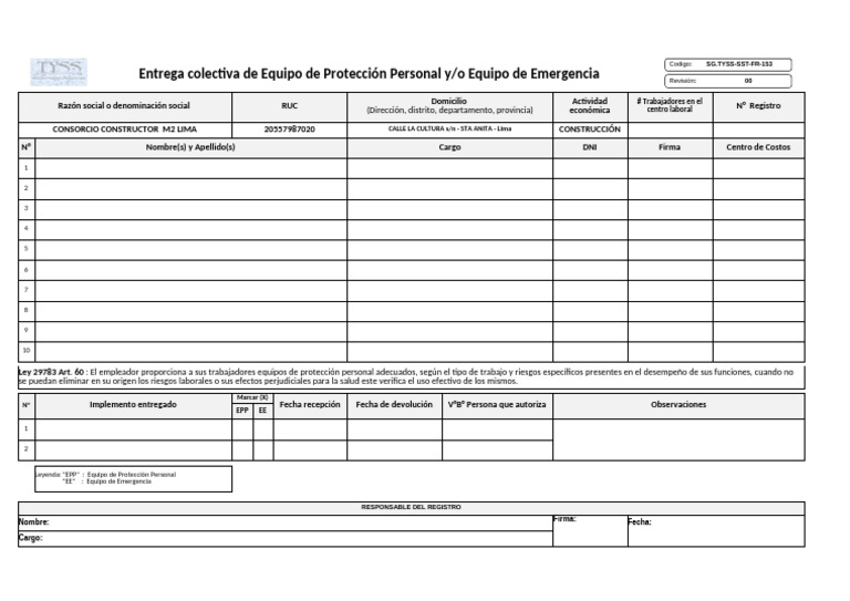 SG - tyss-SST-FR-153 - Entrega Colectiva de EPP | PDF