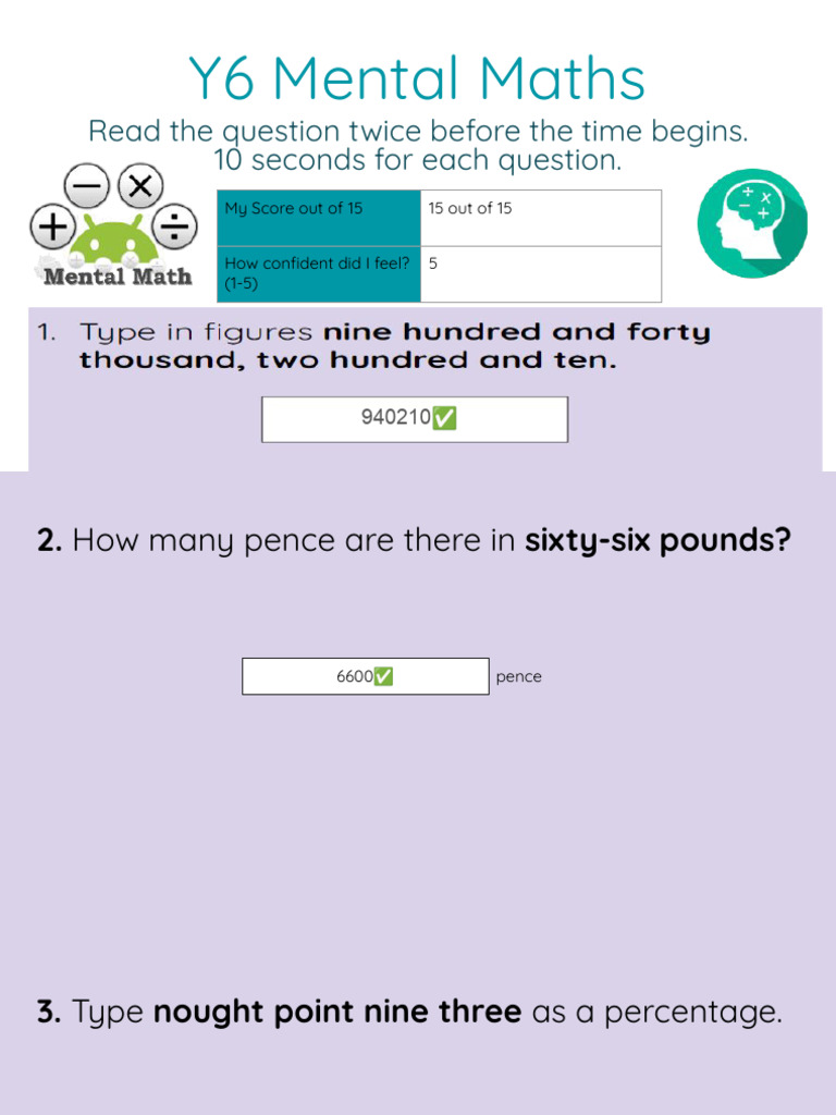 Y6 Mental Maths Quiz | PDF