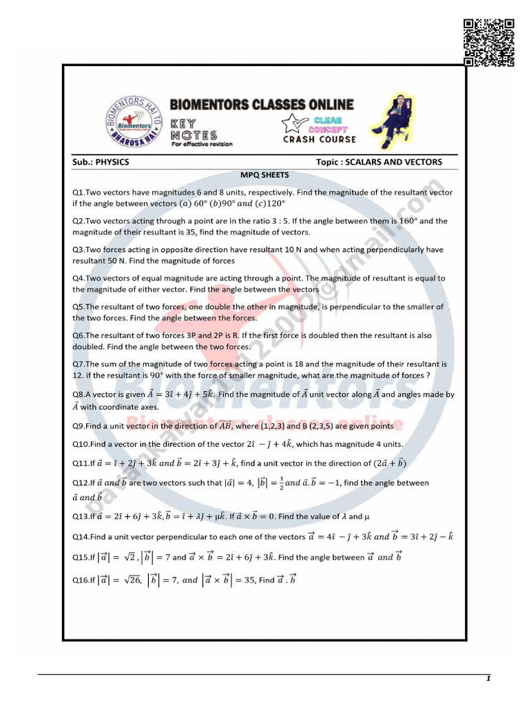 Physics - Scalars and Vectors MPQ - Crash Course Notes | PDF