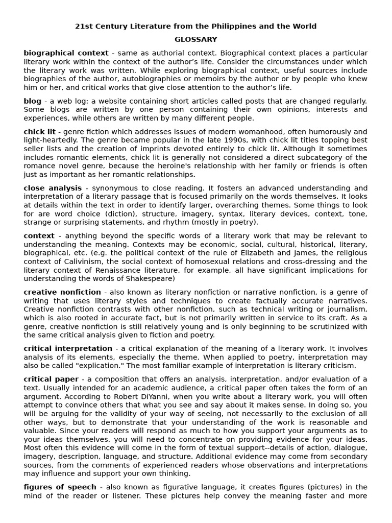 21st Century Literature From The Philippines and The World Glossary | PDF
