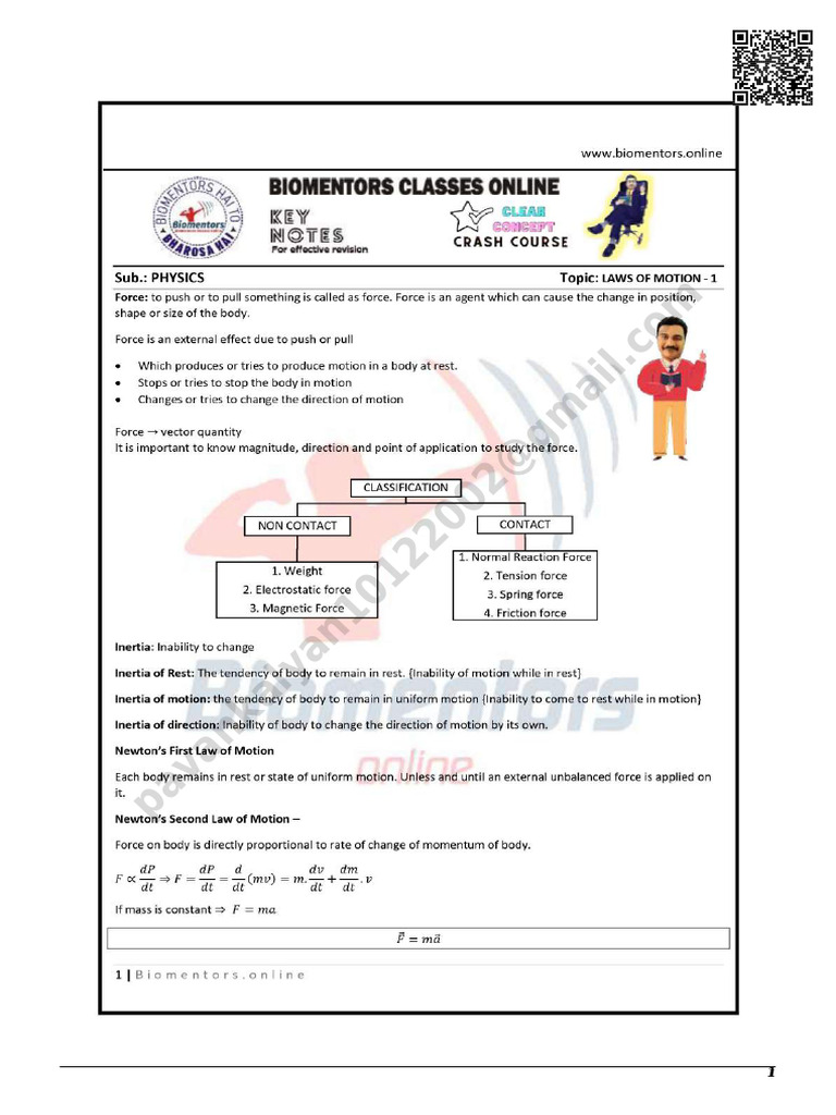 Physics - Laws of Motion Part 1 - Crash Course Notes | PDF