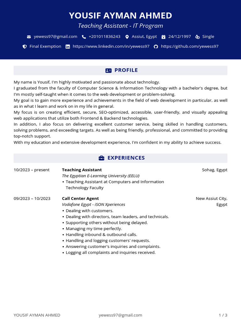 Teaching Assistant - Yousif Ayman Ahmed CV | PDF