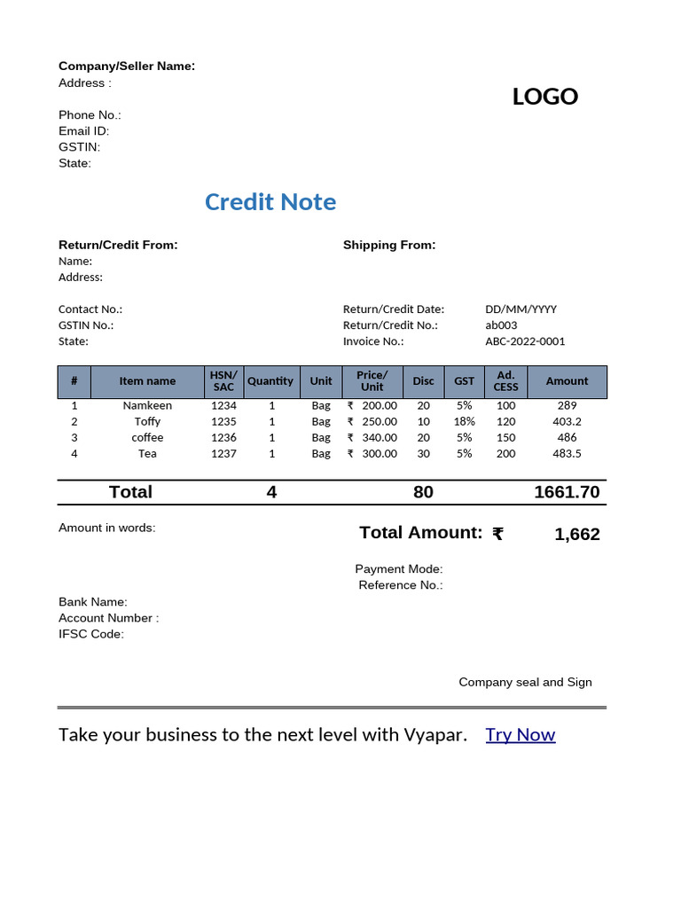 Credit Note Template in Excel | PDF