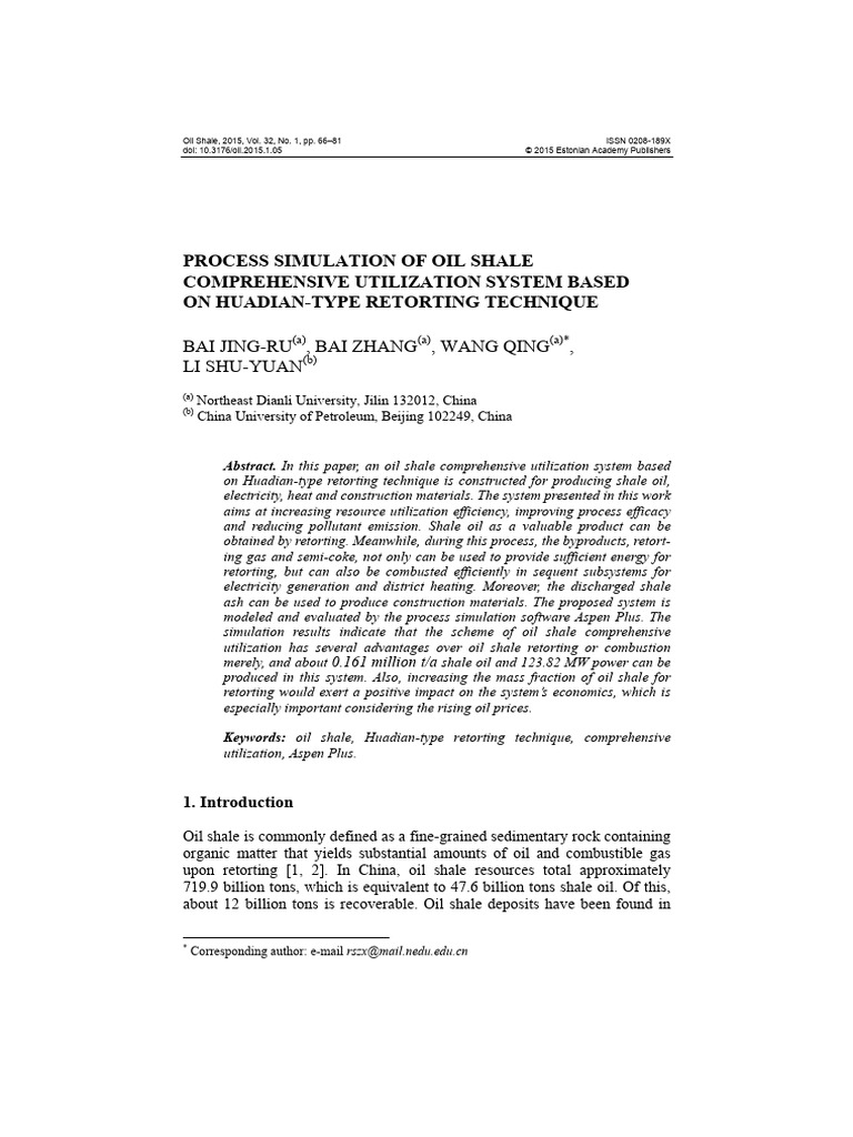 Process Simulation of Oil Shale Comprehensive Utilization System Based ...