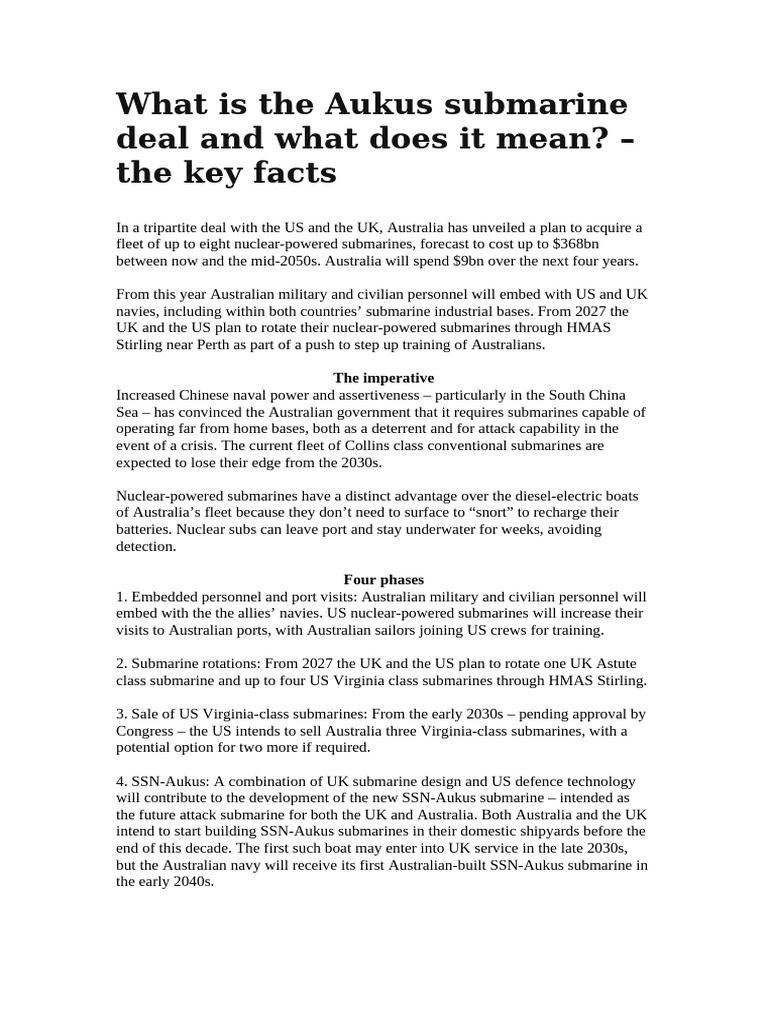 What Is The Aukus Submarine Deal and What Does It | PDF