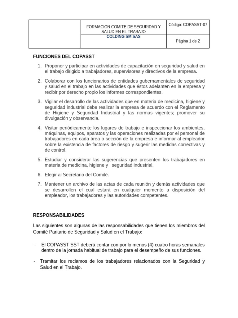Funciones y Responsabilidades Copasst | PDF