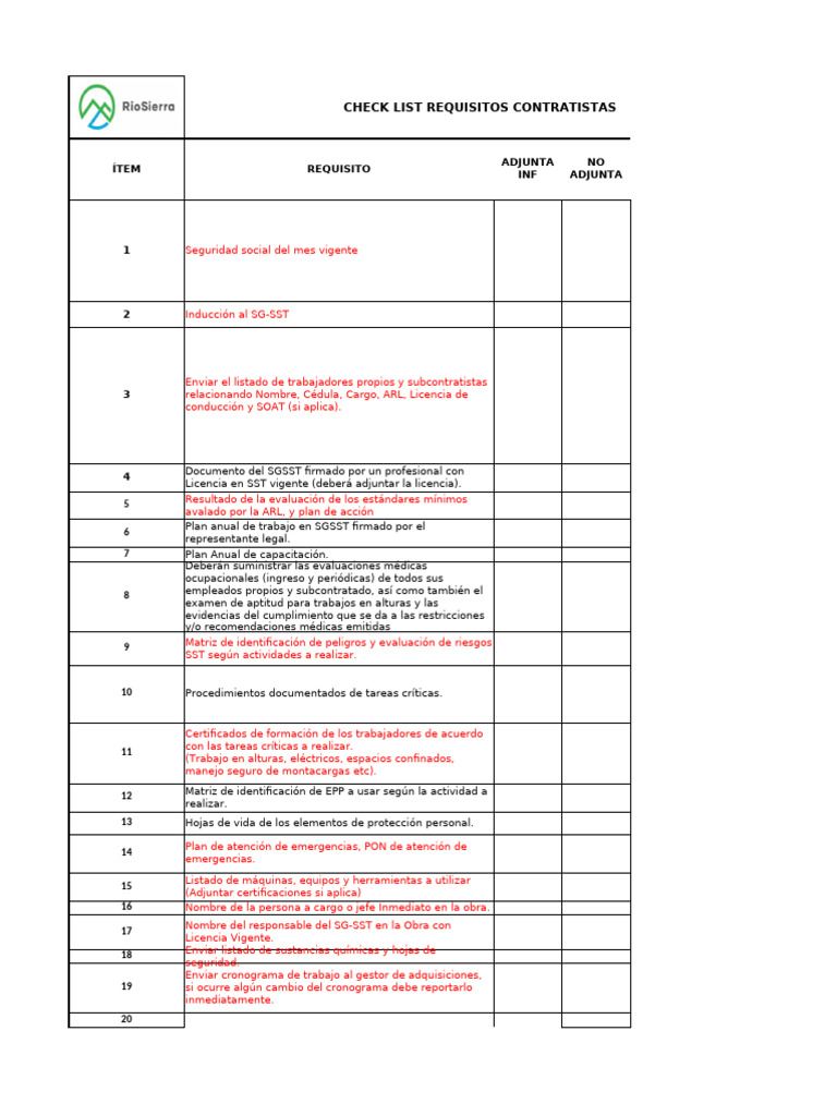 Check List Requisitos Contratistas | PDF