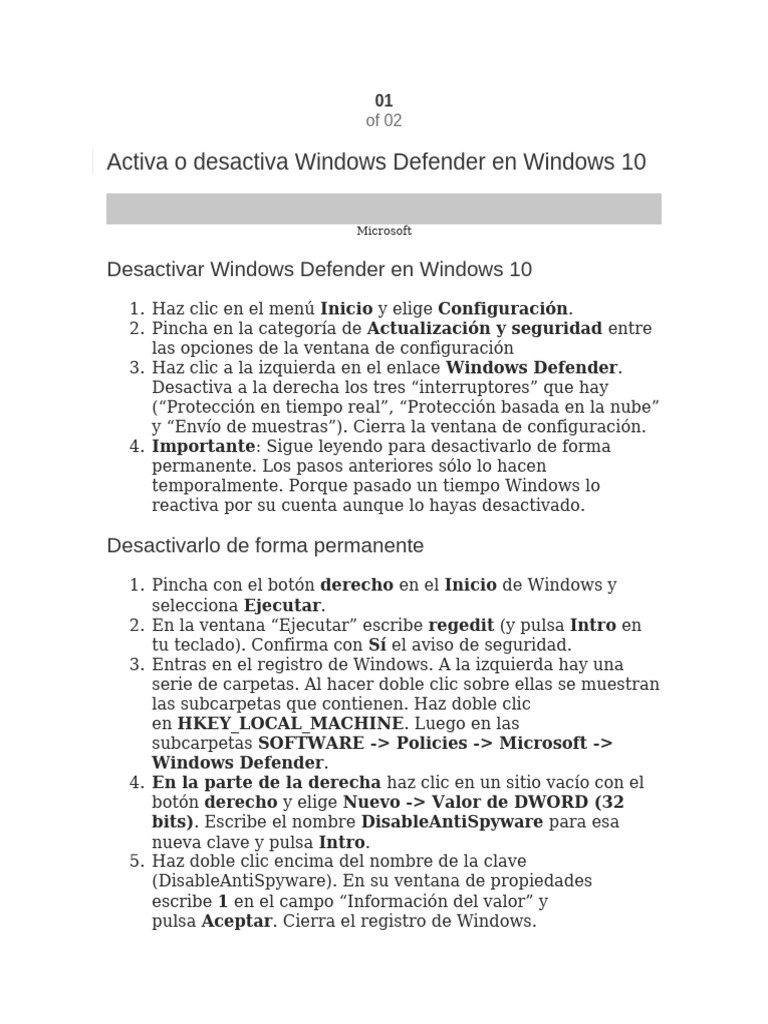 Activar y Desactivar Windows Defender | PDF
