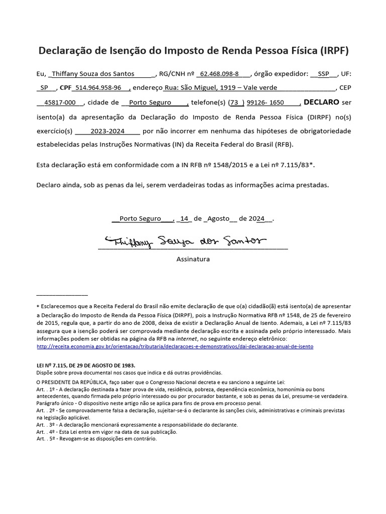 Declaração de Isento de Imposto de Renda Thi | PDF