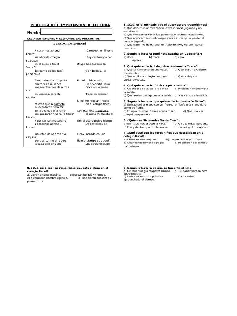 Práctica de Comprensión de Lectura Nombre:: A Cocachos Aprendí | PDF