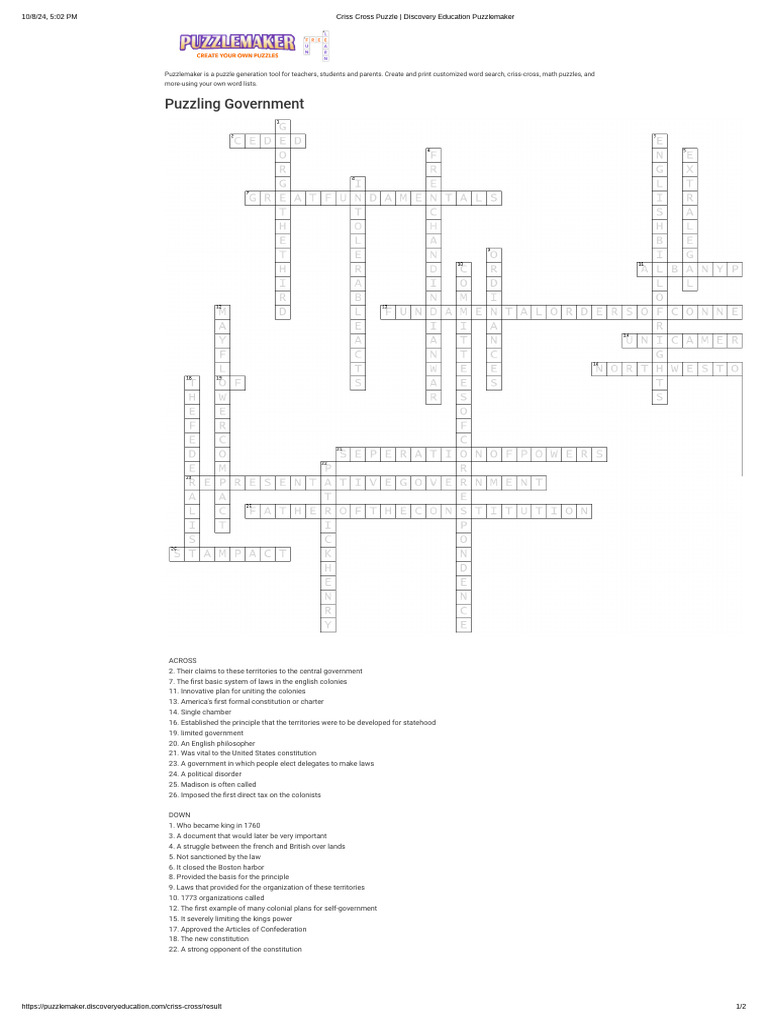 Criss Cross Puzzle - Discovery Education Puzzlemaker | PDF