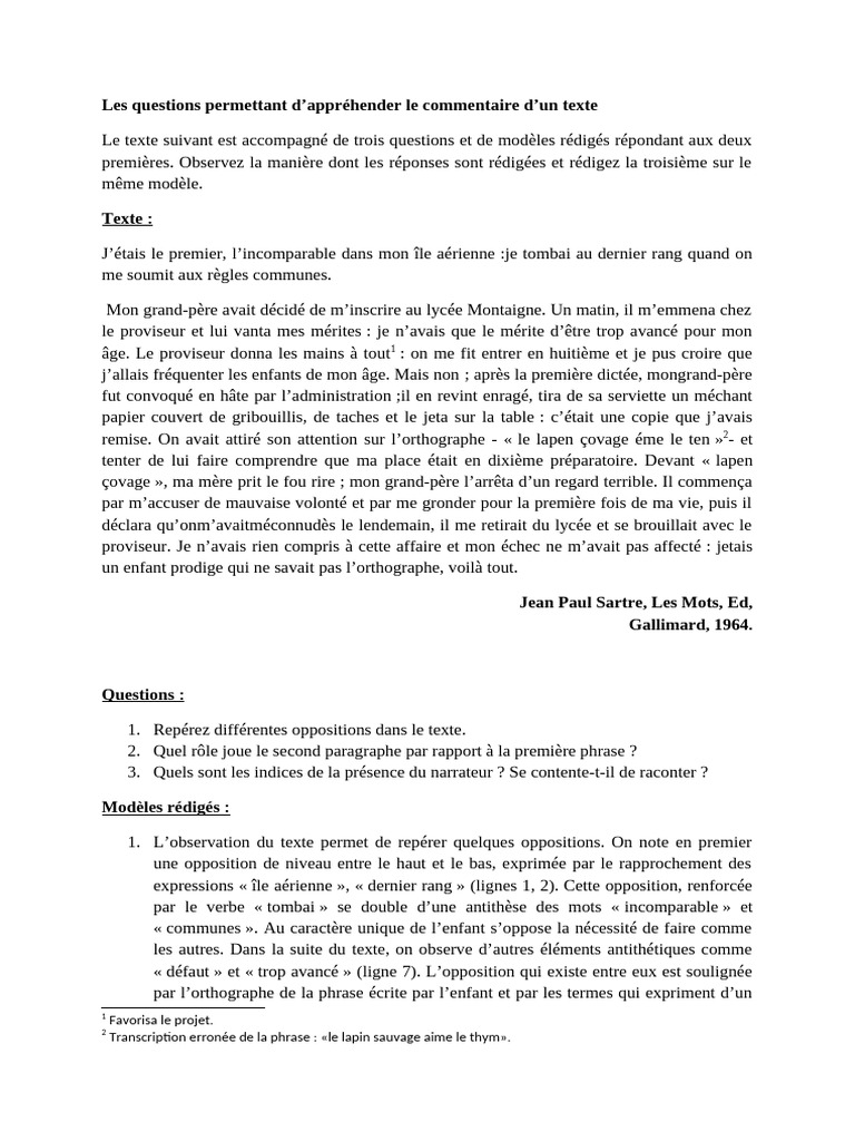 Les Questions Permettant D'appréhender Le Commentaire D'un Texte | PDF