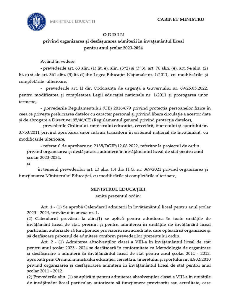 OM 5243 2022 Admitere Liceu-2023 2024 Anexe-1 2 4 5 | PDF