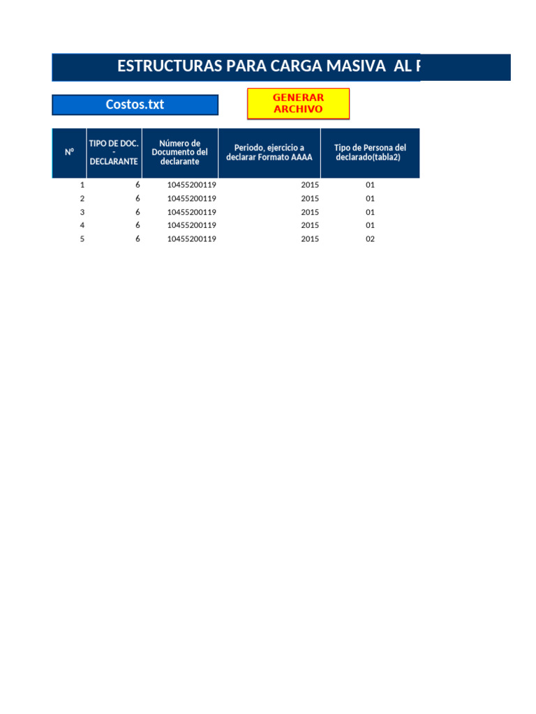 Estructuras en Excel para PDT 3500 DAOT 2016 SUNAT 1 | PDF