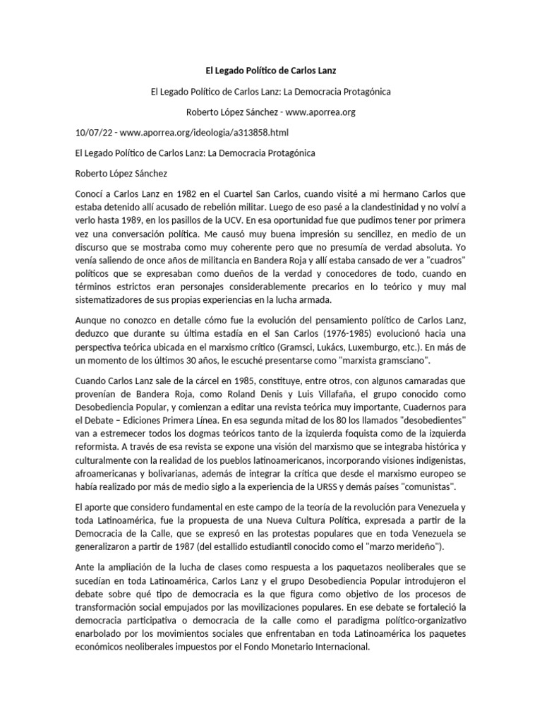 El Legado Politico de Carlos Lanz | PDF