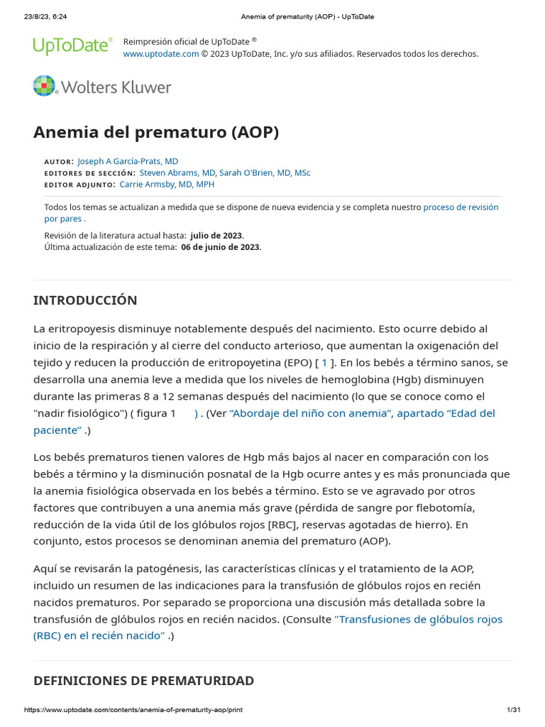 Anemia of Prematurity (AOP) - UpToDate | PDF