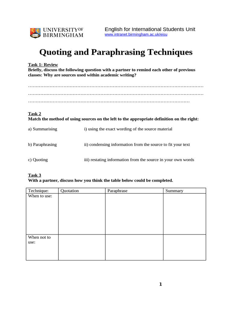 Quoting and Paraphrasing - Student Copy With Key | PDF