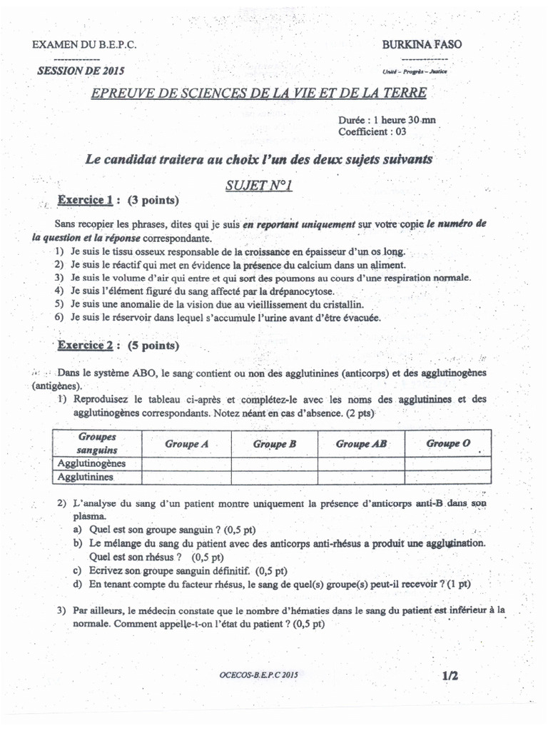 Bepc2015 SVT Sujet 1 | PDF