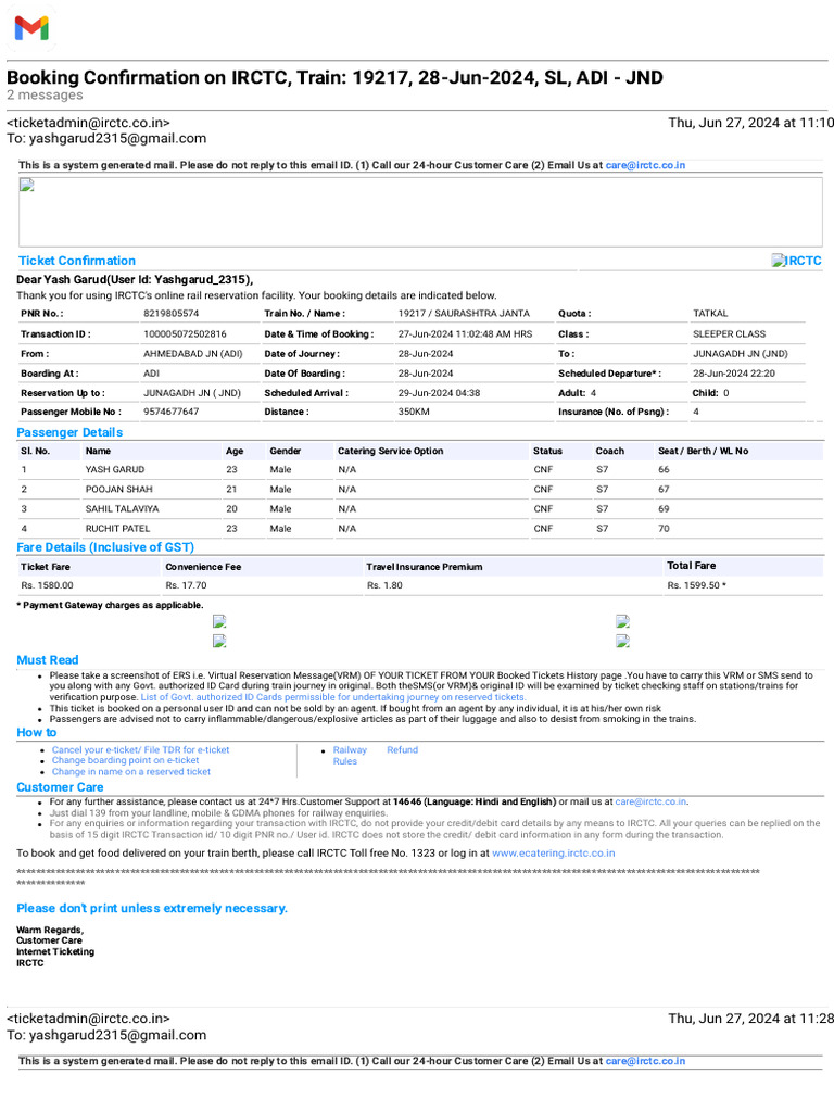 Gmail - Booking Confirmation On IRCTC, Train - 19217, 28-Jun-2024, SL ...