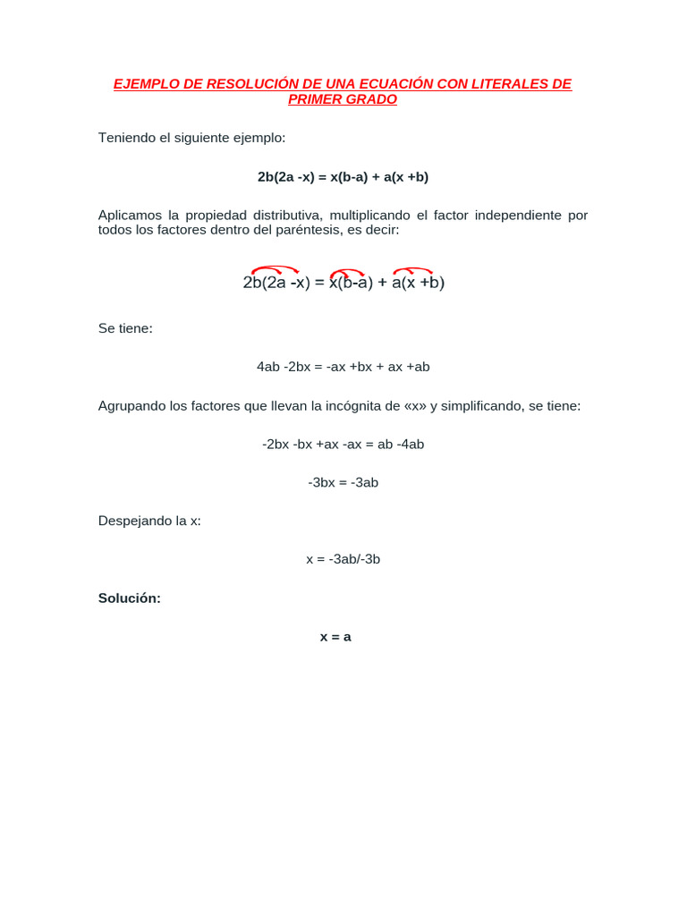 Ejemplo de Resolución de Una Ecuación Con Literales de Primer Grado | PDF