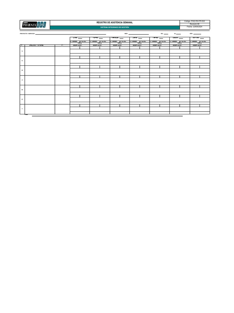 PHO-RH-FR-002 Registro de Asistencia Semanal - Proyectos | PDF