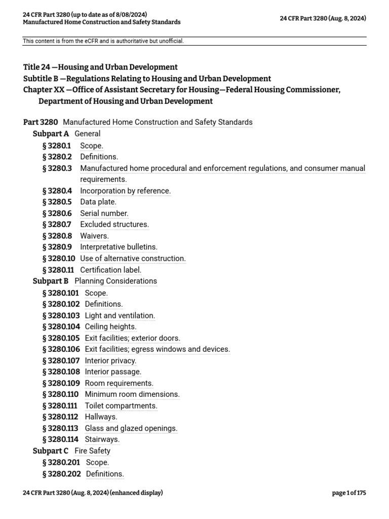 24 CFR Part 3280 (Up To Date As of 8-08-2024) | PDF