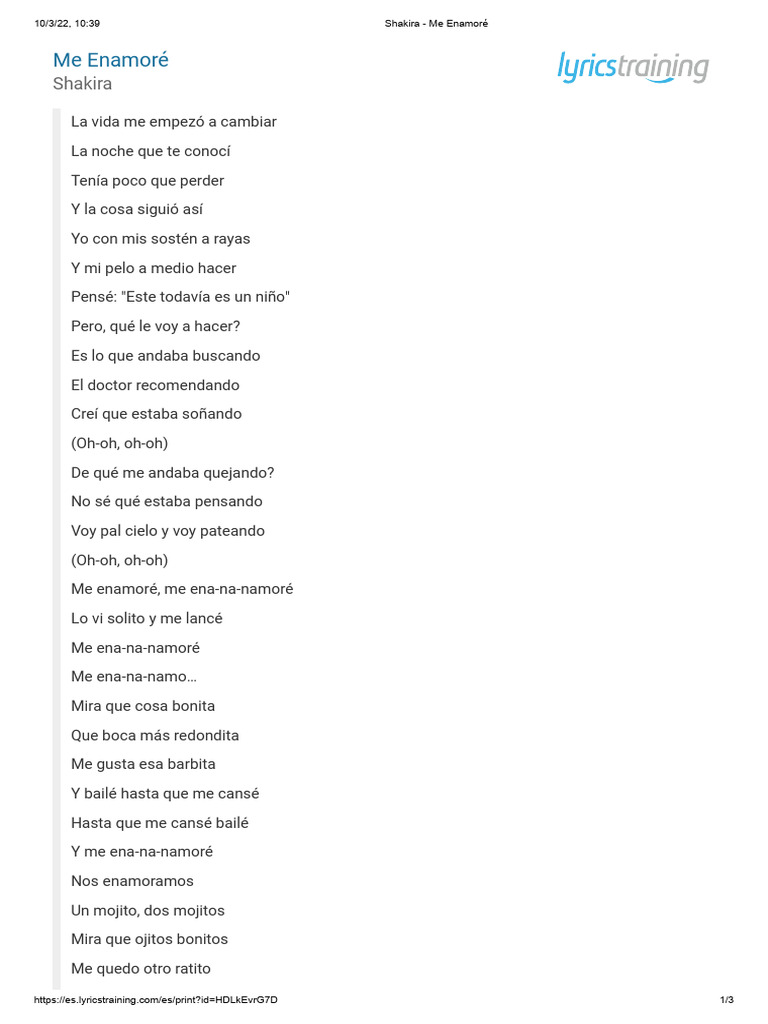 Shakira - Me Enamoré | PDF | Poesía