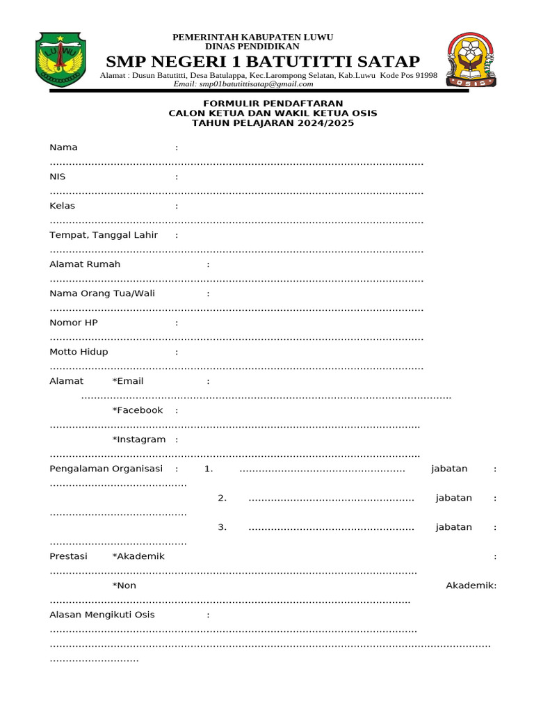 Formulir Pendaftaran Osis SMPITMS 2023 2024 | PDF