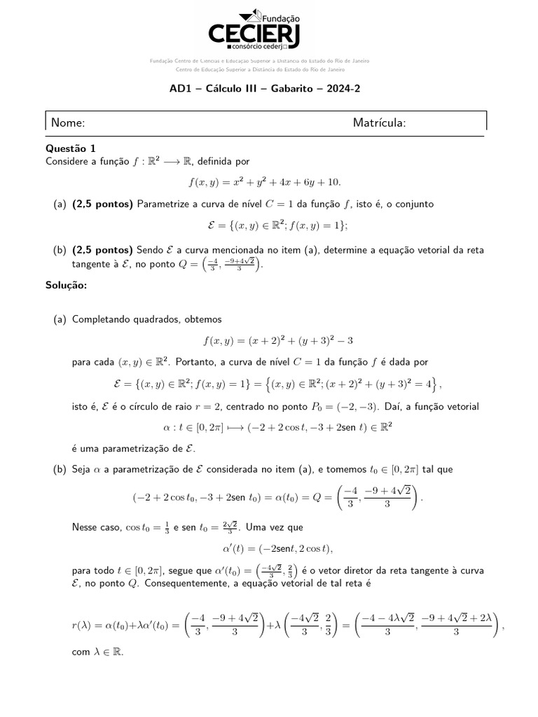 AD1 - Calculo 3 - Gabarito - 2024-2 | PDF