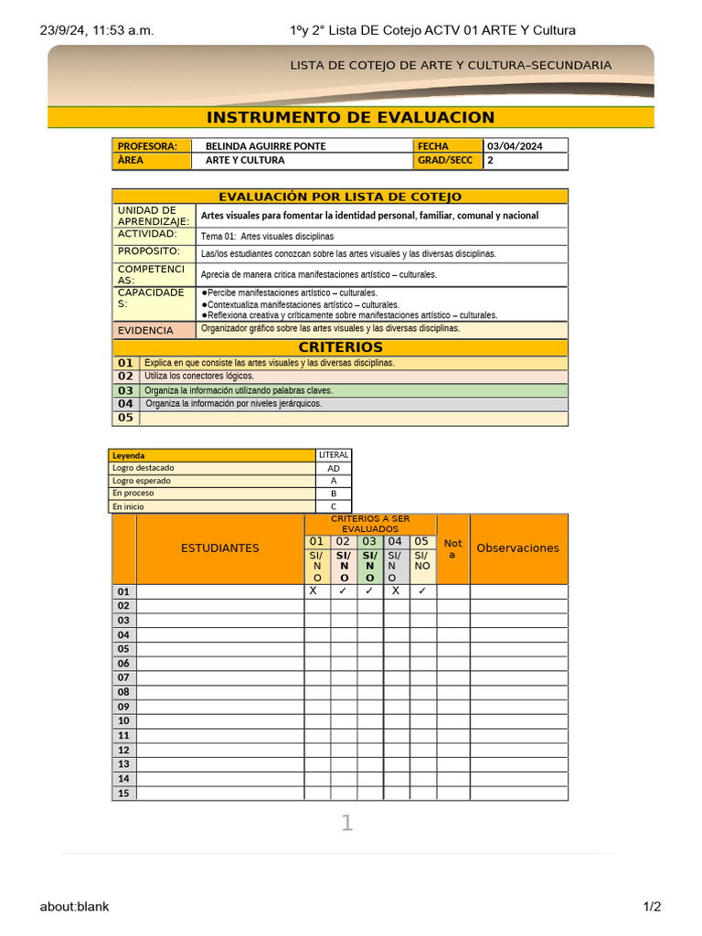 1ºy 2° Lista DE Cotejo ACTV 01 ARTE Y Cultura | PDF