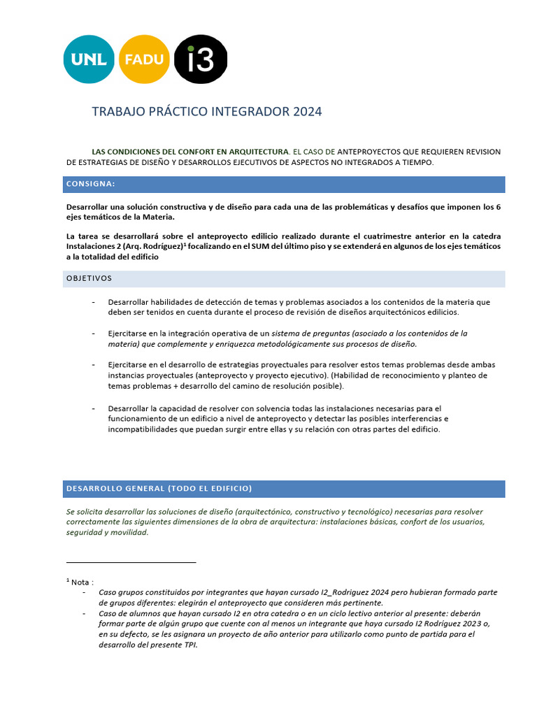 Guia - TP - INTEGRADOR - 2024 - Instalaciones 3 - FADU - UNL - Catedra Rodriguez | PDF