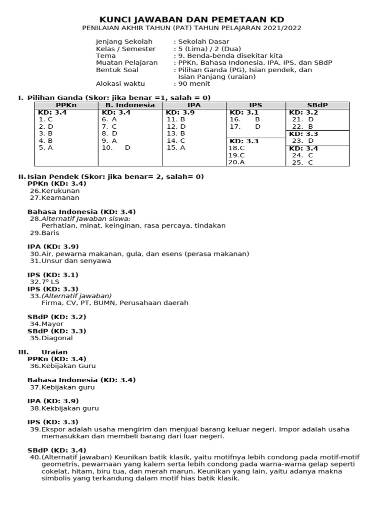 Kunci Dan Pemetaan KD PAT Kls.5 T.9 | PDF