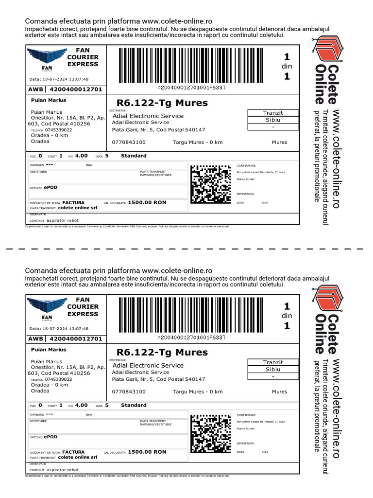 awb-colete-online-18072024-FAN Courier-4200400012701-A4 | PDF