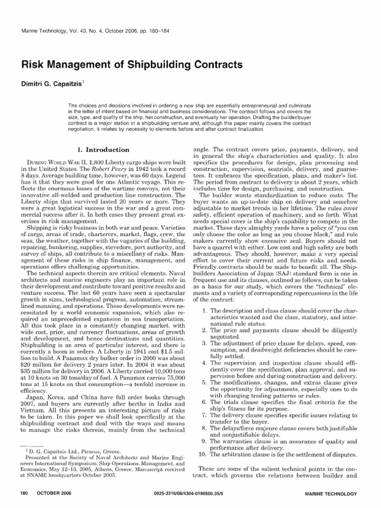 Risk Management of Shipbuilding Contracts | PDF
